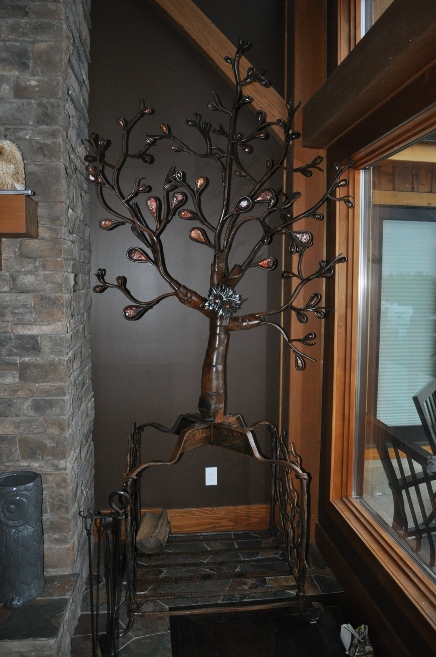 wrought Iron stand, wrought iron tree, hand forged owl, copper and iron ...